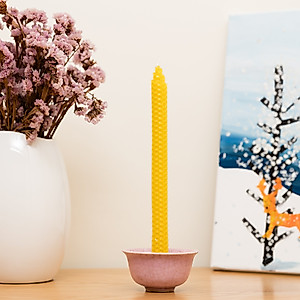 100% Beeswax Handmade Taper Candles (Honey Yellow) - 8 Inch Smokeless Dripless Pair - Natural Subtle Honey Smell - Elegant Honeycomb Design - by Galanta & Co.