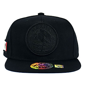 Mexican Hat Mexico Eagle Federal Logo Embroidery Snapback Flat Bill Baseball Cap (Black- Black)