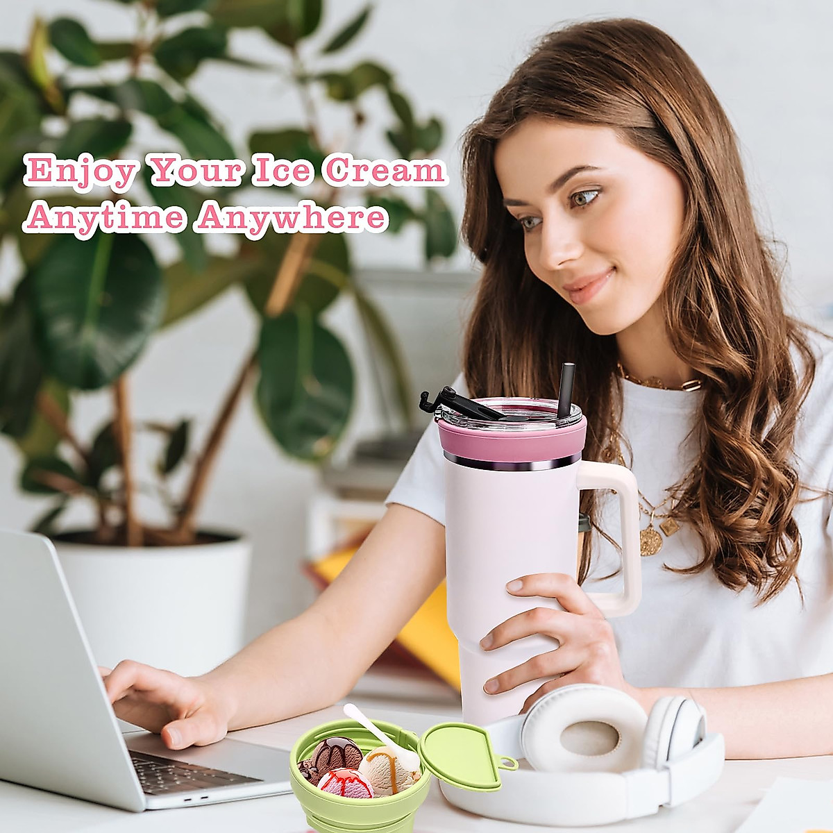 Silicone Ice Cream Cup with Lids for Stanley Cup Accessories 40 oz, Ice Cream Containers for Homemade Ice Cream with Spoons, Reusable Freezer Storage Tubs for Ice Cream, Sorbet (2 PCS, Pink & Green)