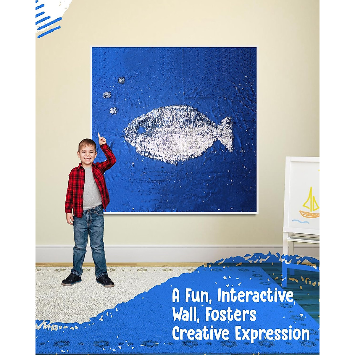 Vibrant Mermaid Sequin Fabric, Kid-Friendly Sensory Wall Panel for Kids, Ideal Items for Classroom, Home Activity and Autism Therapeutic Use, Fabric by The Yard, Sturdy & Reusable, Blue+Silver