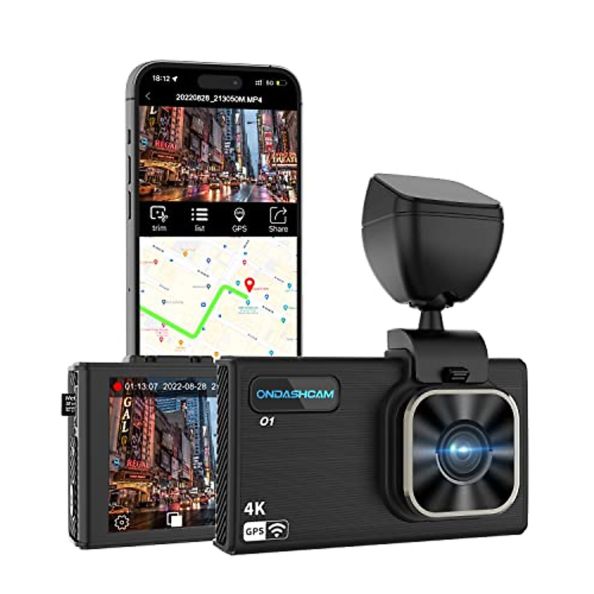 ONDASHCAM 4K Dash Cam with 3.5" LCD Display, 2160P UHD Car Camera Built in WiFi & GPS with Night Vision, G-Sensor, WDR, 170°Wide Angle & Parking Monitor (32GB Micro SD Card Included)