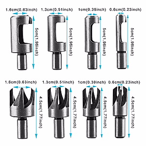 SaferCCTV 4Pcs Countersink Drill Bit Set, 8pcs Wood Plug Cutter Drill Bit Set for Tapered 5/8" 1/2" 3/8" 1/4" Woodworking Cork Drill Bit Knife