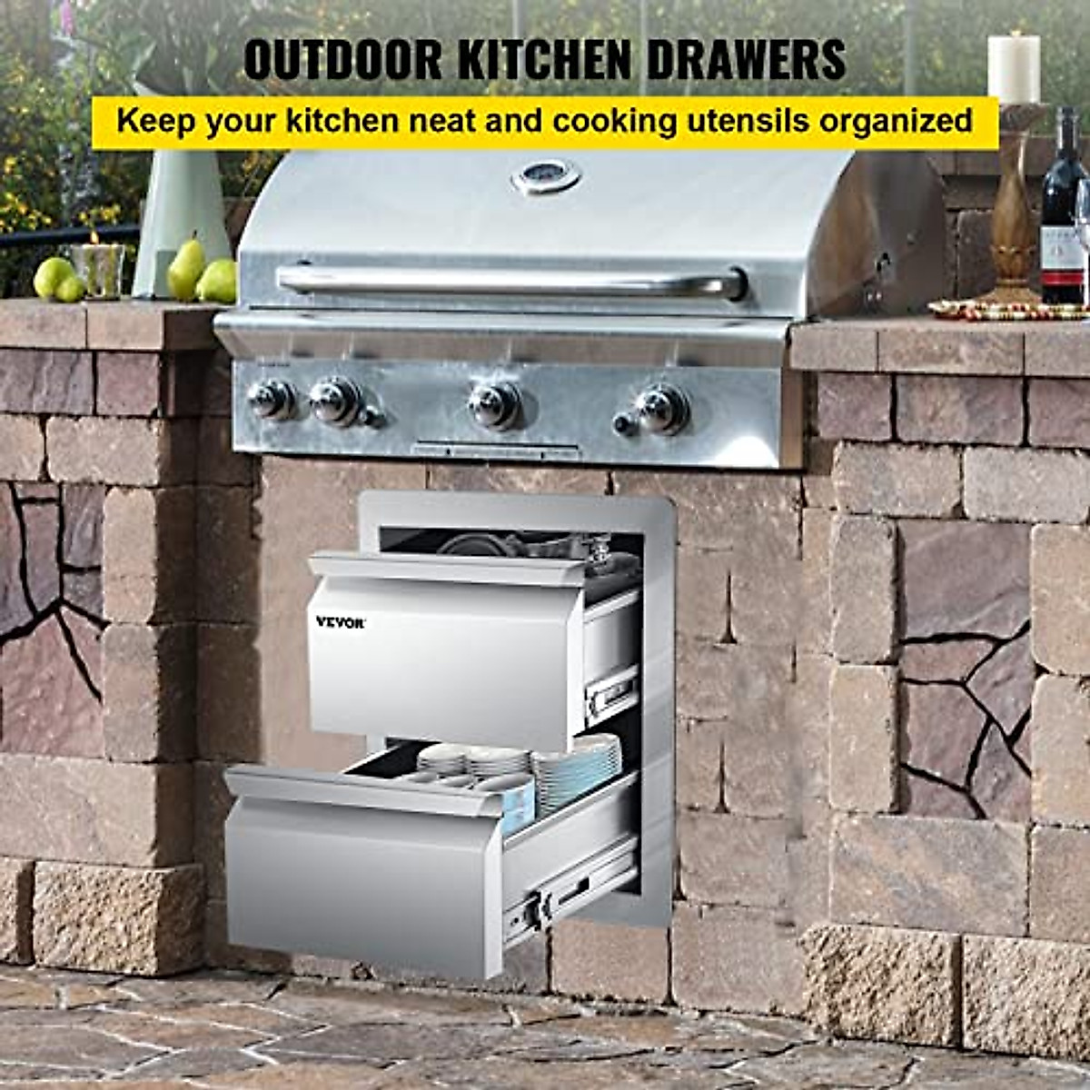 VBENLEM 14W x 14.5H x 23D Inch Flush Mount Stainless Steel Double Drawers with Recessed Handles for Outdoor Kitchens or BBQ Island