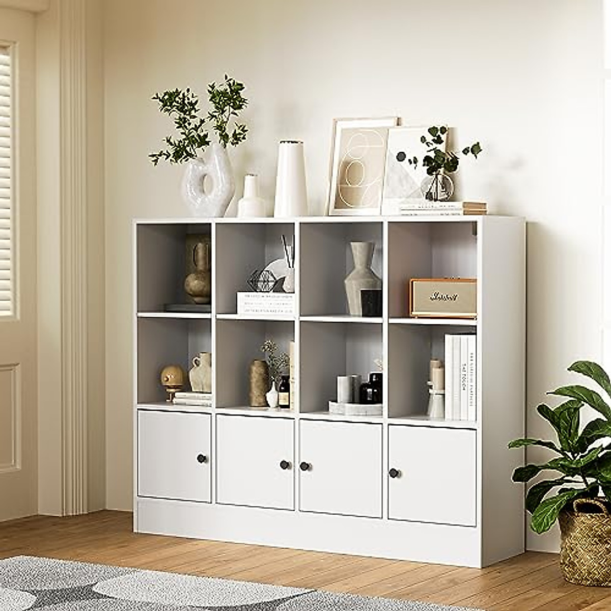 Anystyle White 12 Cube Bookshelf, 3-Tier Bookcase Storage Cabinet with 4 Doors for Bedroom, Living Room