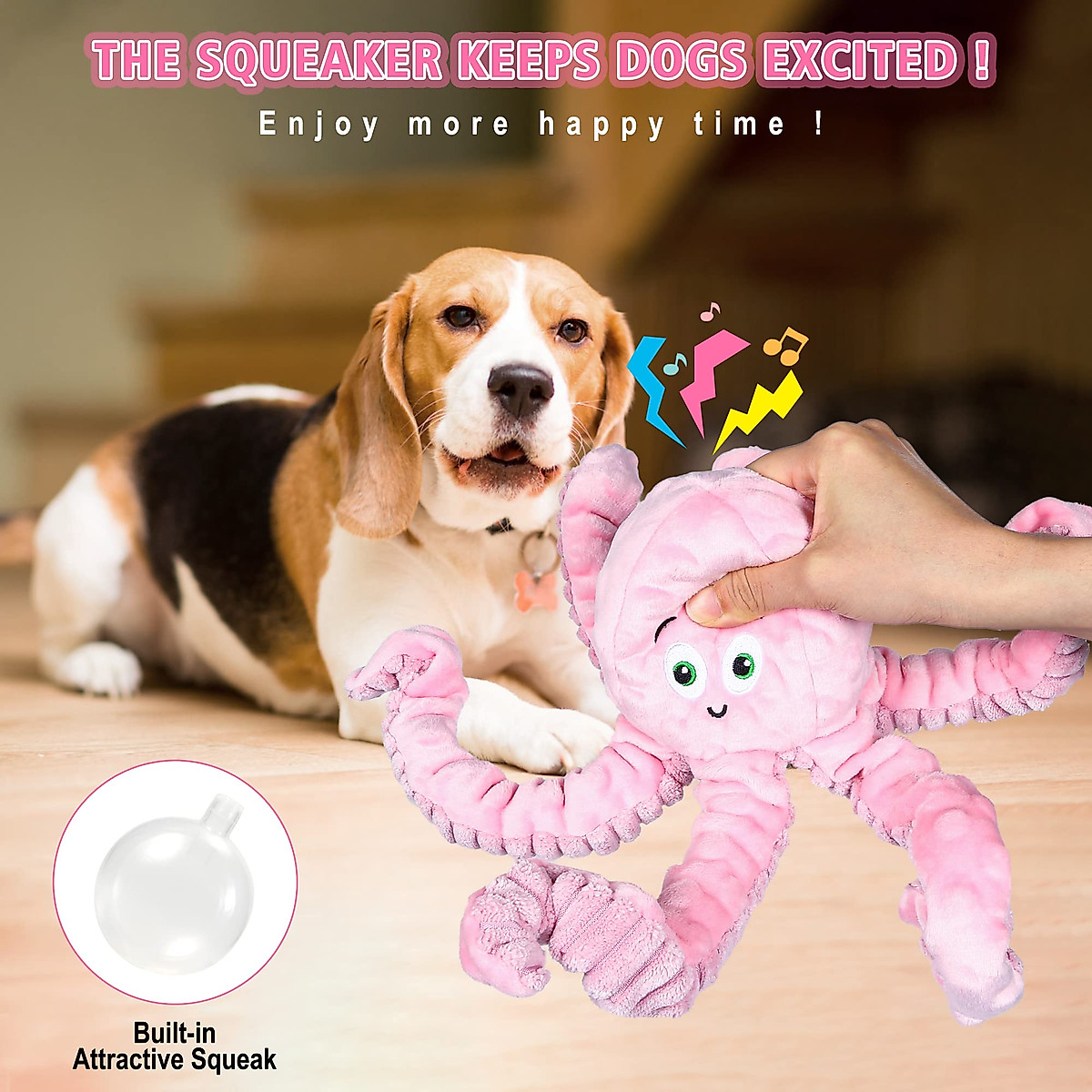 BUYPOW Dog Squeaky Toys Octopus - Tough Plush Large Medium & Small Dog Toys - Stuffed Animals Puppy Toys - Funny Cute Dog for Dog Birthday Presents (Octopus Pink)