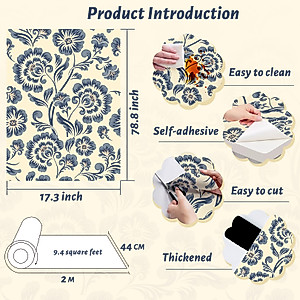 Blue Floral Wallpaper Peel and Stick Wallpaper Floral Contact Paper for Cabinets 17.3”×78.8” Wallpaper Self Adhesive Removable Wallpaper for Bathroom Sticker Pull and Stick on Wallpaper Vinyl Film