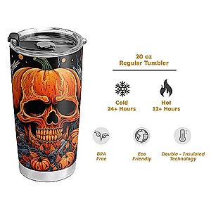 ORCAE 20oz Halloween Tumbler, Skull Tumbler, Halloween Pumpkin Skull Tumbler Cup, Insulated Travel Mug with Lid, Coffee Thermos for Men, Women, Halloween Gifts - D