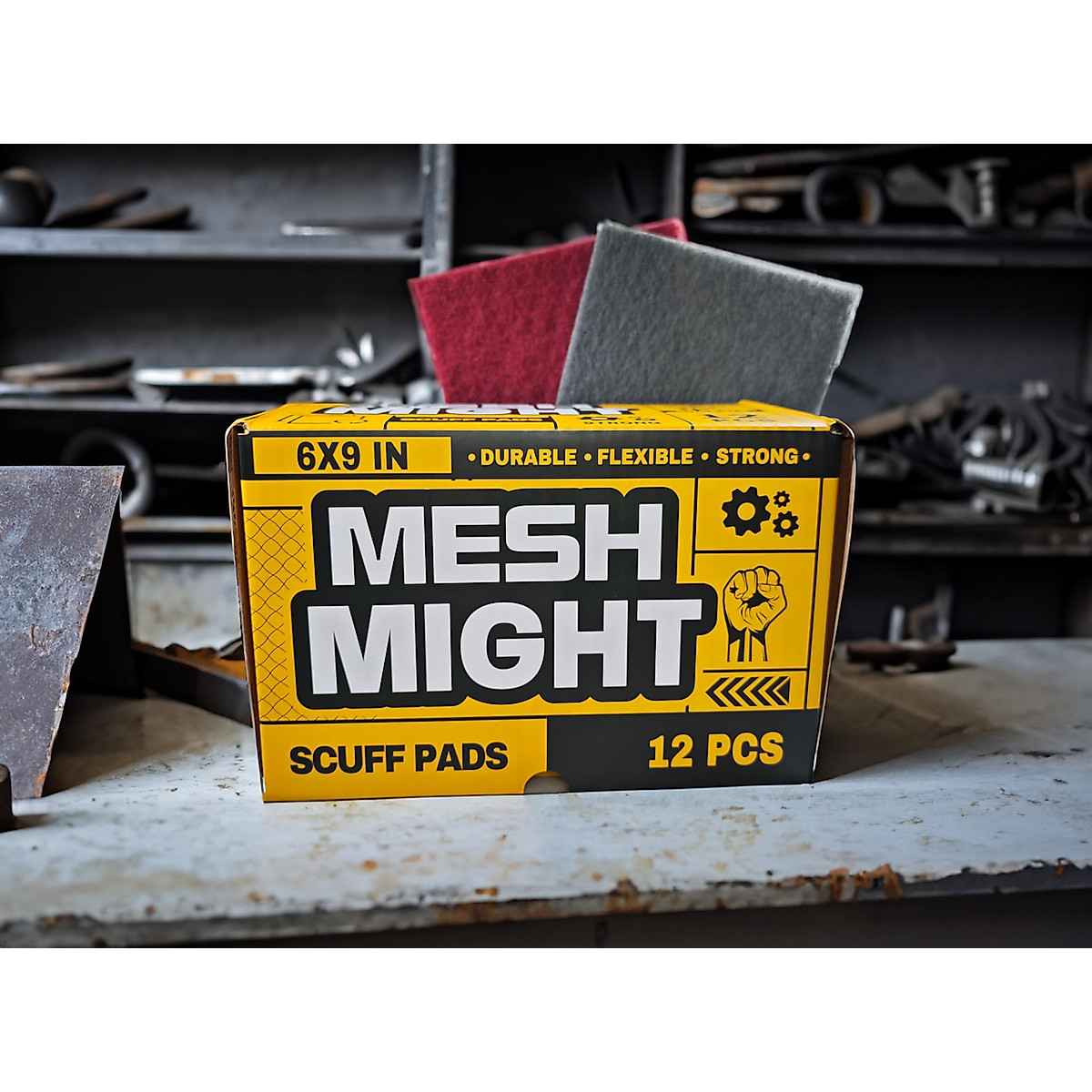 MeshMight 6" x 9" Non-Woven Scuff Pads, Scouring Pad, Box of 12: 6 Fine Grade Maroon Color, 6 Extra Fine Grade Grey Color; Aluminum Oxide Abrasive, Extra Durable and Thick, for Perfect Surface Finish