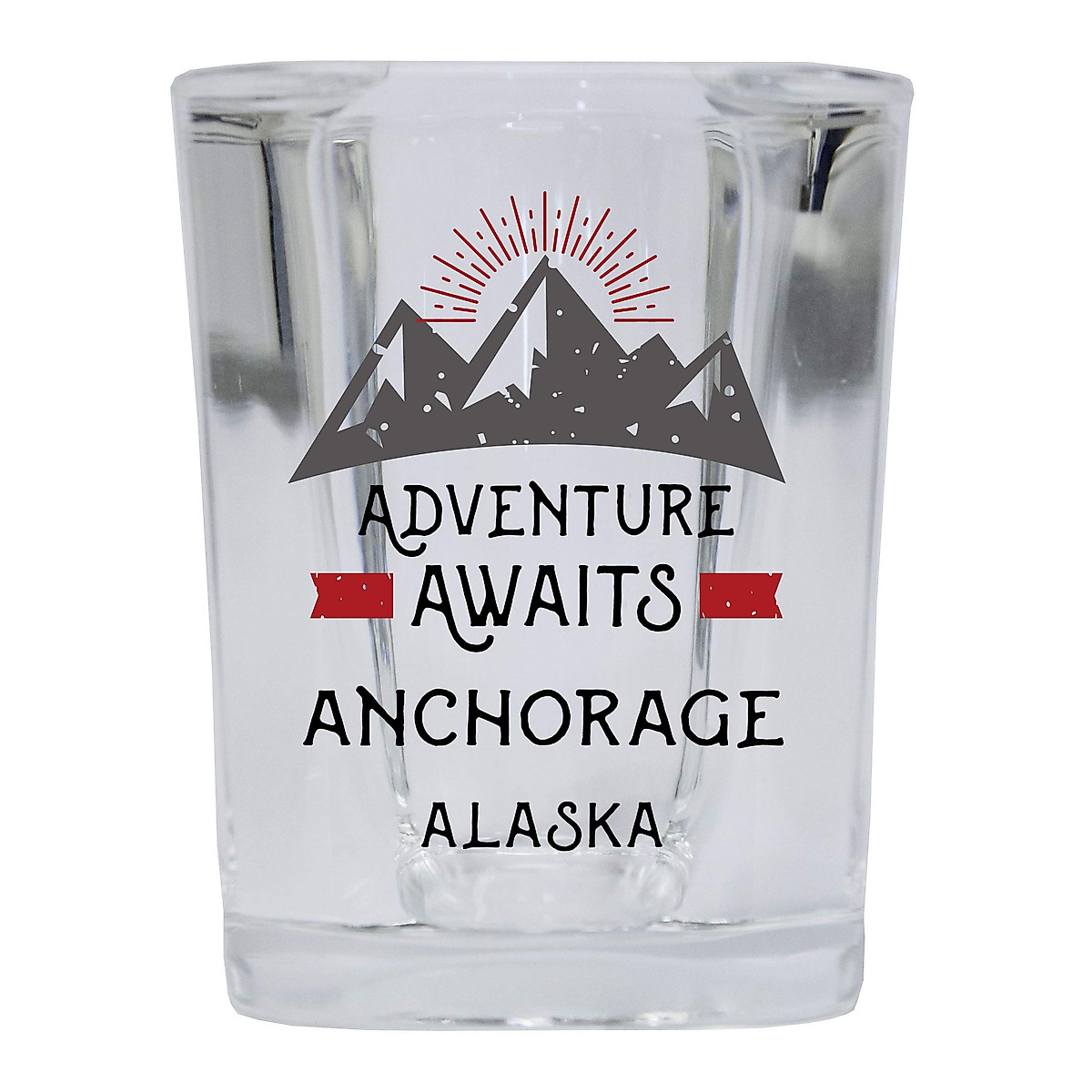 R and R Imports Anchorage Alaska Souvenir 2 Ounce Square Base Liquor Shot Glass Adventure Awaits Design
