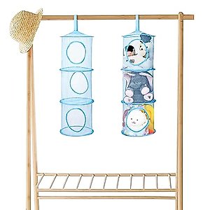 Fuyamp 2Pcs 75 * 26cm Stuffed Animal Storage Mesh Foldable Stuffed Animals Organizer Net or Hammock, 3 Compartments Hanging Mesh Toy Storage Basket for Kids Girls Boys Room Bathroom (Blue)