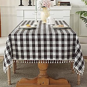 Laolitou Checkered Tablecloth Rectangle Washable Halloween Buffalo Plaid Table Cloth with Tassel Cotton Linen Gingham Table Cover for Picnic Kitchen Dining Room, Black and White, 70 Inch