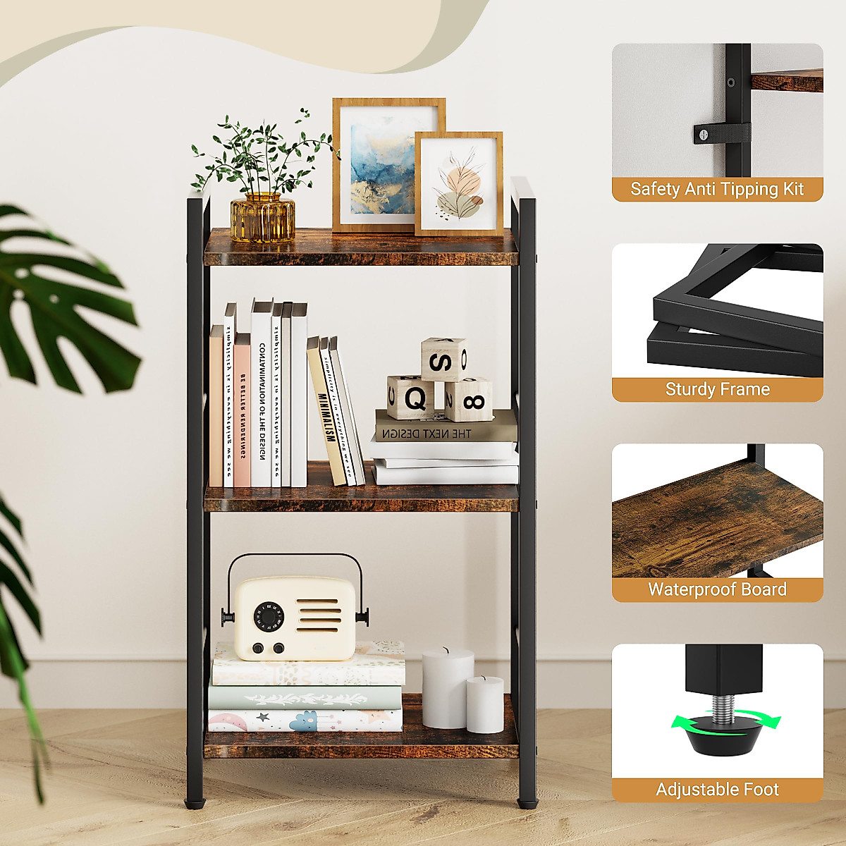 Jsluiiys 3 Tier Bookshelf, Small Bookcase with 3 Open Shelves, Short Metal and Wood Book Shelf Bedside Shelf for Home Organizer, Freestanding Shelf for Living Room Bedroom Dorm, Rustic Brown