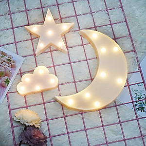 GUOCHENG Lovely White Moon Star Cloud Light Set Battery Operated LED Marquee Light Sign Warm White Bedside Lamps for Kids Children Bedroom Nursery, Baby Standing Night Light