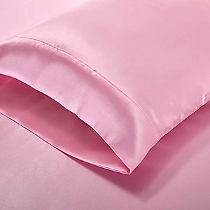 Homiest 4pcs Satin Sheets Set Luxury Silky Satin Bedding Set with Deep Pocket, 1 Fitted Sheet + 1 Flat Sheet + 2 Pillowcases (Queen Size, Pink)