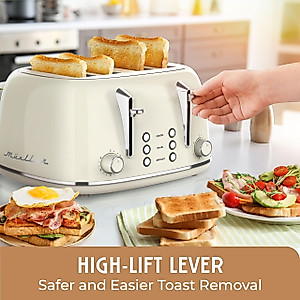 Mueller Retro Toaster 4 Slice with Extra Wide Slots Bagel, Defrost, and Cancel Function, 6 Browning Levels, Dual Independent Controls, Removable Crumb Tray and High Lift Levers, Beige
