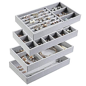 Jewelry Trays Organizer, Stackable Closet Dresser Drawer Accessories Tray Set of 4 Drawer Organizer for Earring, Ring, Gadgets & Cosmetics, Display Organizer Necklace Storage Showcase Bracelet Removable Tray