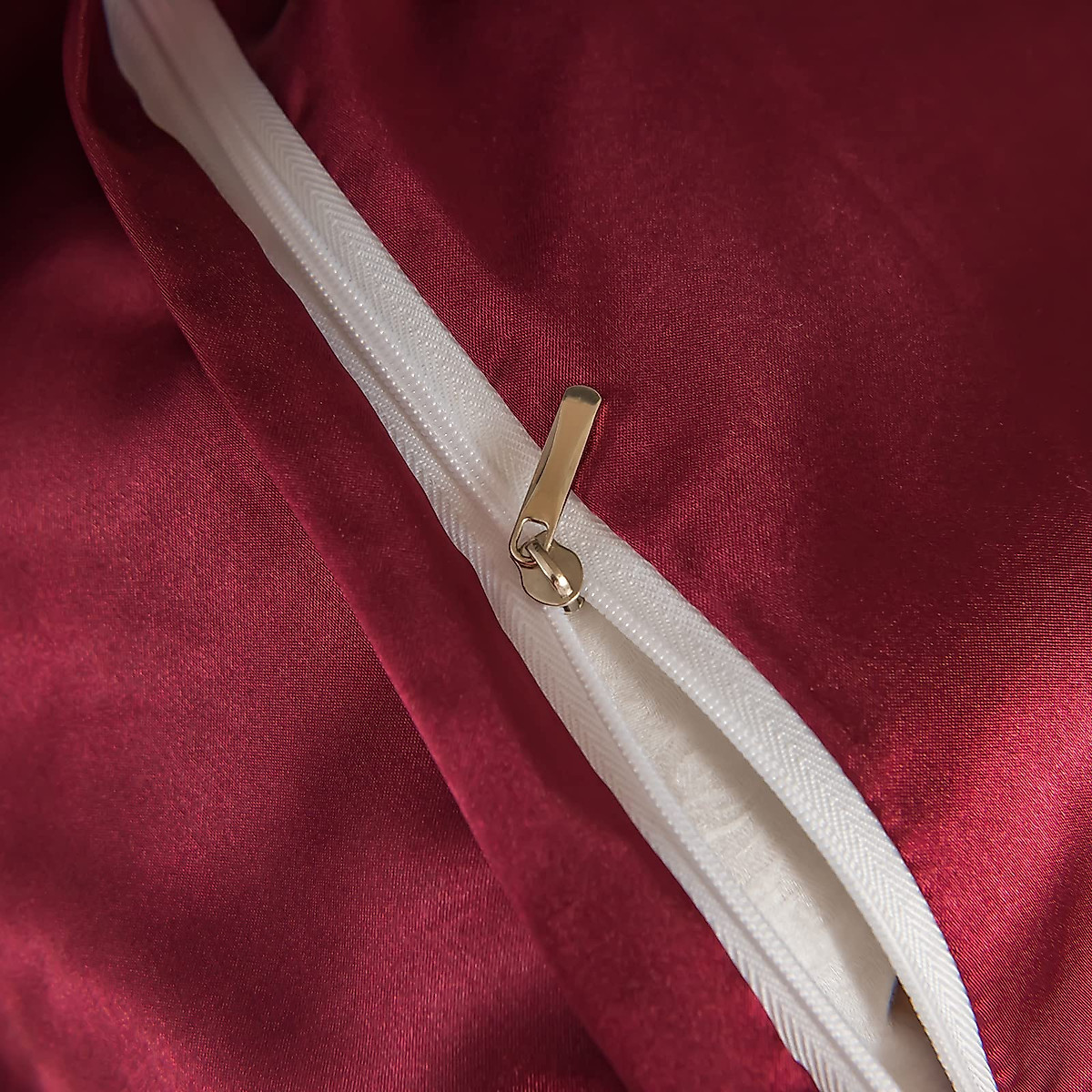 3 Pieces Satin Duvet Cover Silky Red Bedding Set Luxury Satin Lace Ruffled Fringed Super Smooth Soft Silk Like Microfiber Burgundy Red Duvet Cover Set Queen with 2 Pillowcases