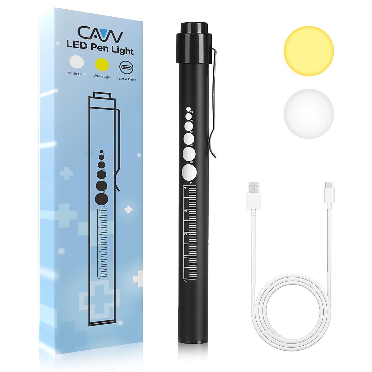 CAVN Rechargeable Pen Light with Pupil Gauge LED Penlights for Nurses Doctors, Warm/White Light, USB Rechargeable Medical Penlight Gifts for Nurses Nursing Student (Black)