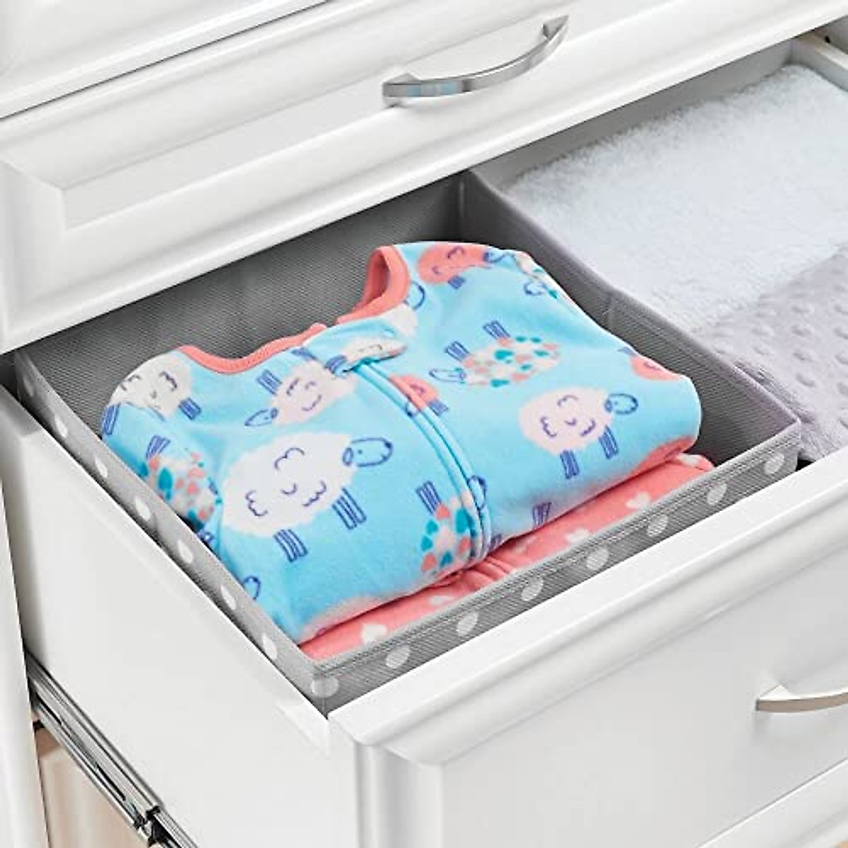 mDesign Soft Fabric Closet Storage Organizer Holder Box Bin - Attached Handle, Open Top, for Child/Kids Bedroom, Nursery, Toy Room - Fun Polka Dot Print - Medium, 4 Pack - Gray/White Dots