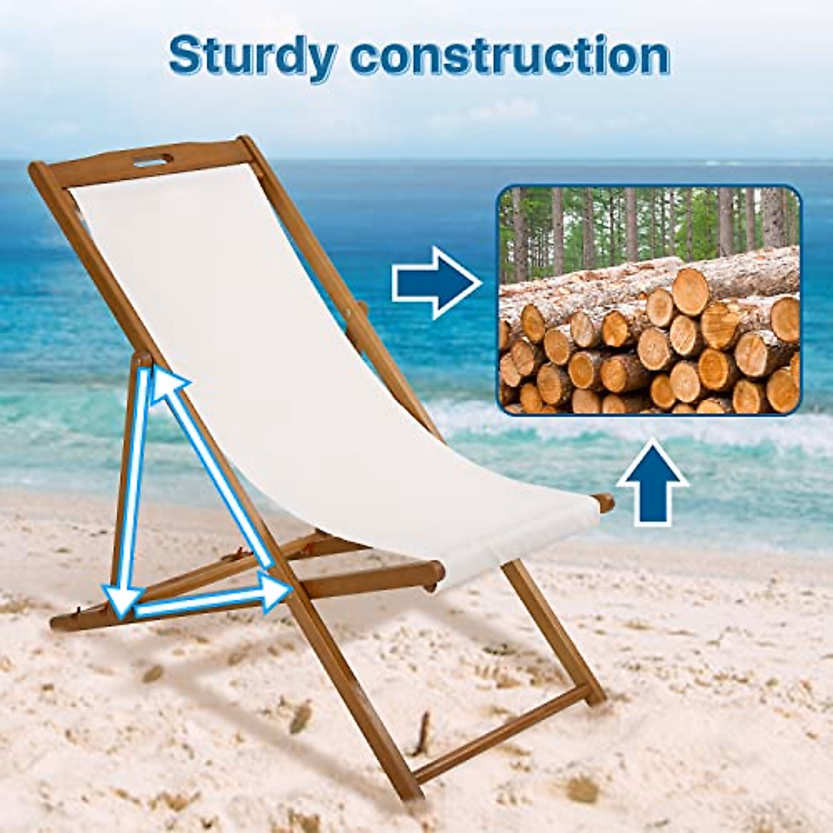 Beach Sling Chair Set of 2, Outdoor Folding Wood Beach Chair with White Polyester Canvas, 3 Level Adjustable Height Patio Lounge Chair