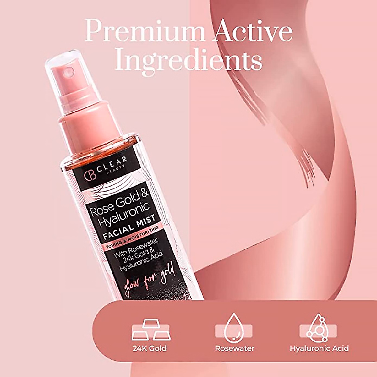 Clear Beauty Rose Gold & Hyaluronic Acid Face Mist - Dermatologist Tested, Moisturizes, Calms Redness & Tones Skin, Balancing Facial Spray, Cruelty-Free, Vegan, 95% Natural, Non - GMO, All Skin Types