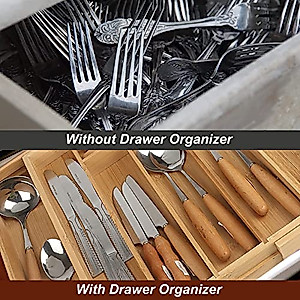 KAHOO Bamboo Kitchen Drawer Organizer, Kitchen Drawer Organizer and Utensil Organizer, Silverware Organizer with Grooved Drawer Dividers for Kitchen Utensil and Flatware Bedroom Office