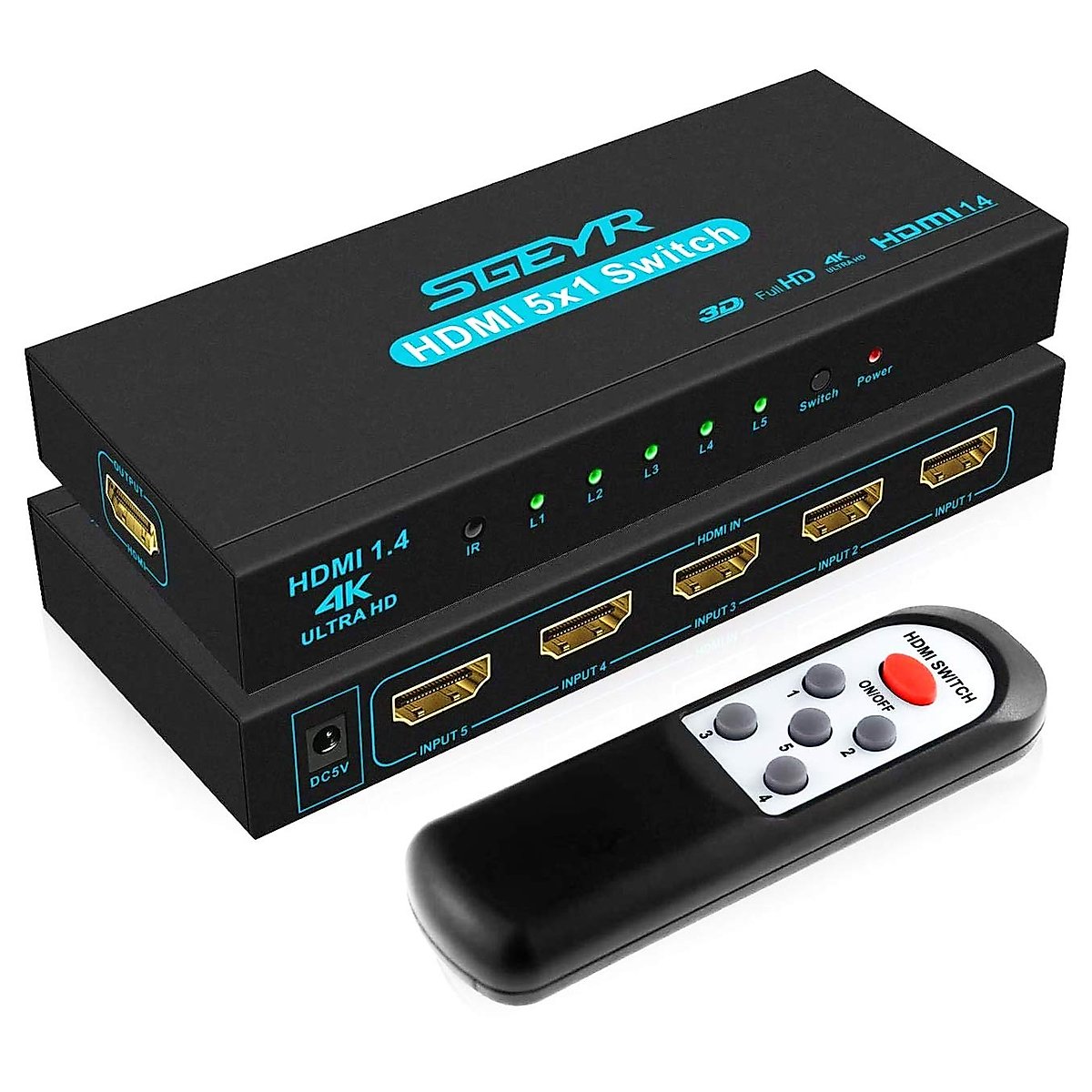 HDMI 1.4v Switch 5 in 1 Out +HDMI 2.0 Bi-Directional Switch 2 in 1 Out hdmi Splitter 1 in 2 Out Black(Only one Monitor Will Display at a time)