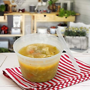 [48 Pack - 16 oz] Plastic Soup Cups Deli Food Storage Containers with Tight Lids Portion Control Non-Spill Stackable Microwaveable Freezer Dishwasher Safe