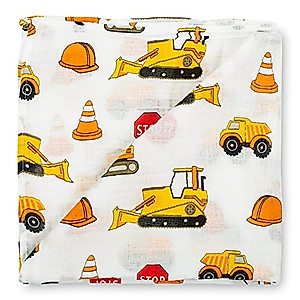 LollyBanks Muslin Swaddle Blanket | 100% Cotton | Newborn and Infant Blanket | Large 47 x 47 inches for Boys | Light Weight and Breathable | Fun Construction Theme