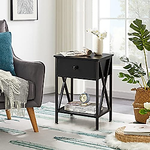 VECELO End Table,Modern Night Stand with Drawer& Shelf, Set of 2 Bedroom Living Room Office, 2 Nightstands, Black