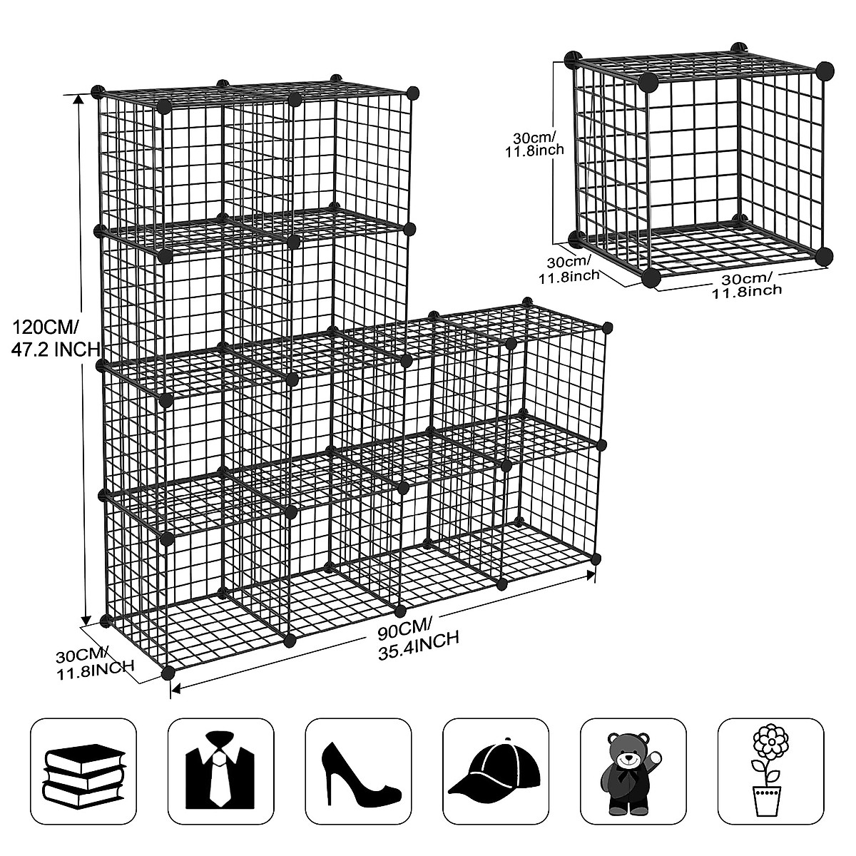 TUMUCUTE Wire Storage Cubes, Metal Storage Shelves Bookshelf, Stackable Modular Closet Organizer for Bedroom Living Room, Office, Black (12 Cubes, Iron)