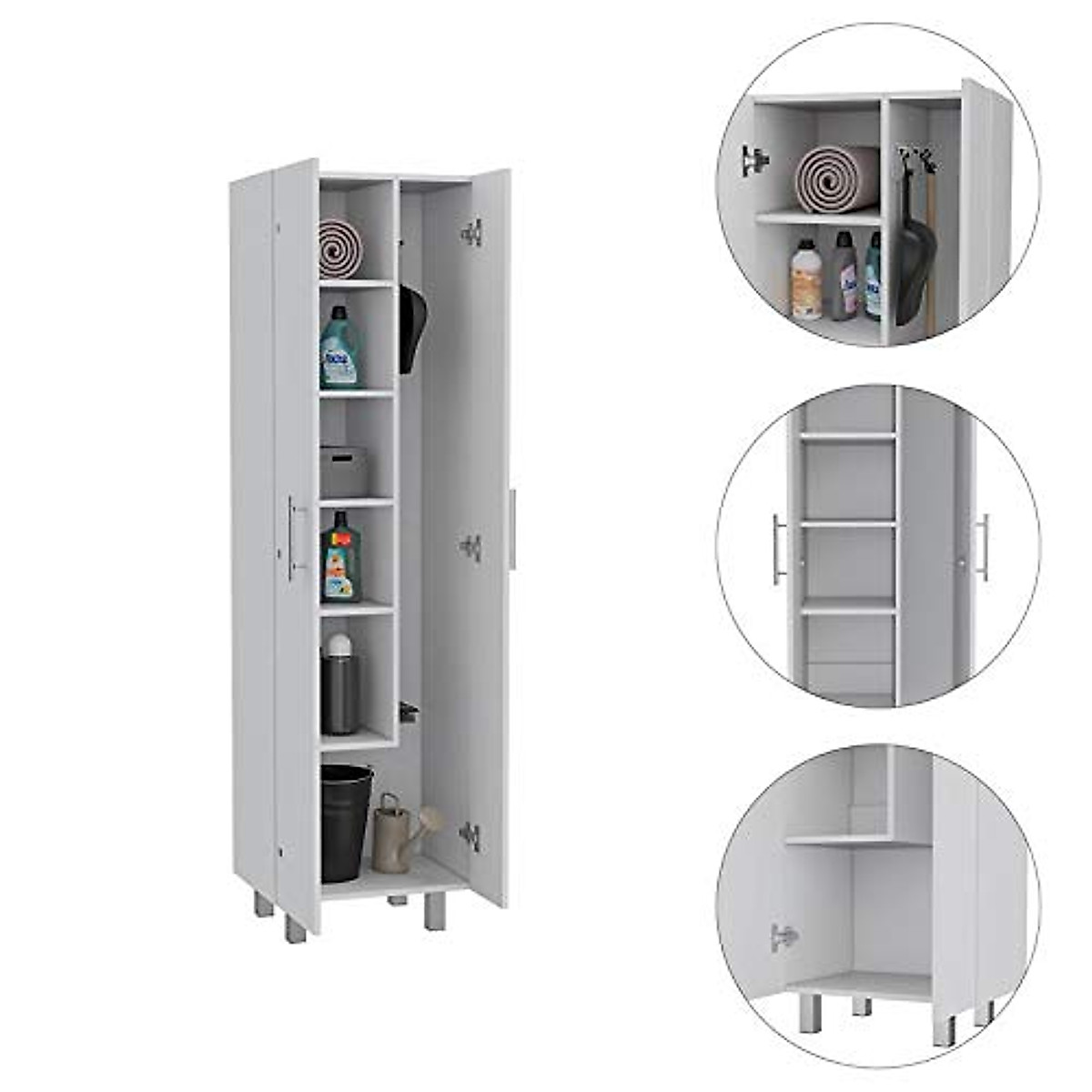 Nala Cleaning Cabinet with 5 Shelves and Hanging Rack in White