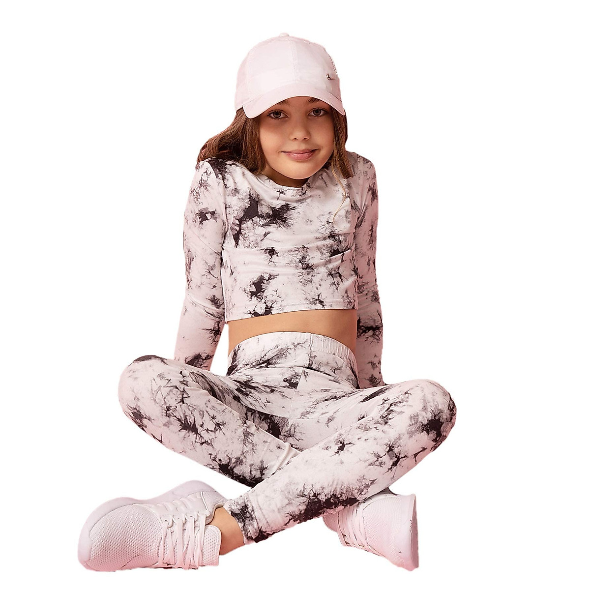 SOLY HUX Girl's 2 Piece Outfits Tie Dye Long Sleeve Tee Top and Leggings Set Black White 11-12Y
