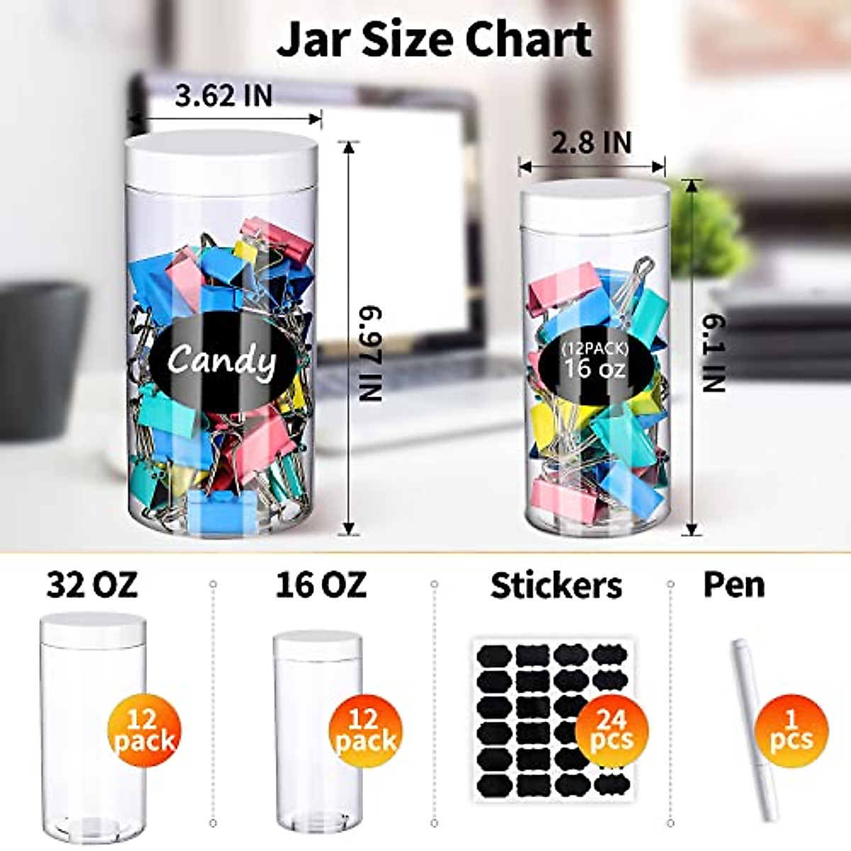 PLastic jars with lids 32 OZ & 16 OZ 24 Pcs Clear Plastic Storage Jars Containers with Airtight White Plastic Screw On Lids Cylinder Large Round Jars Easy Clean for Household and Kitchen Organizing