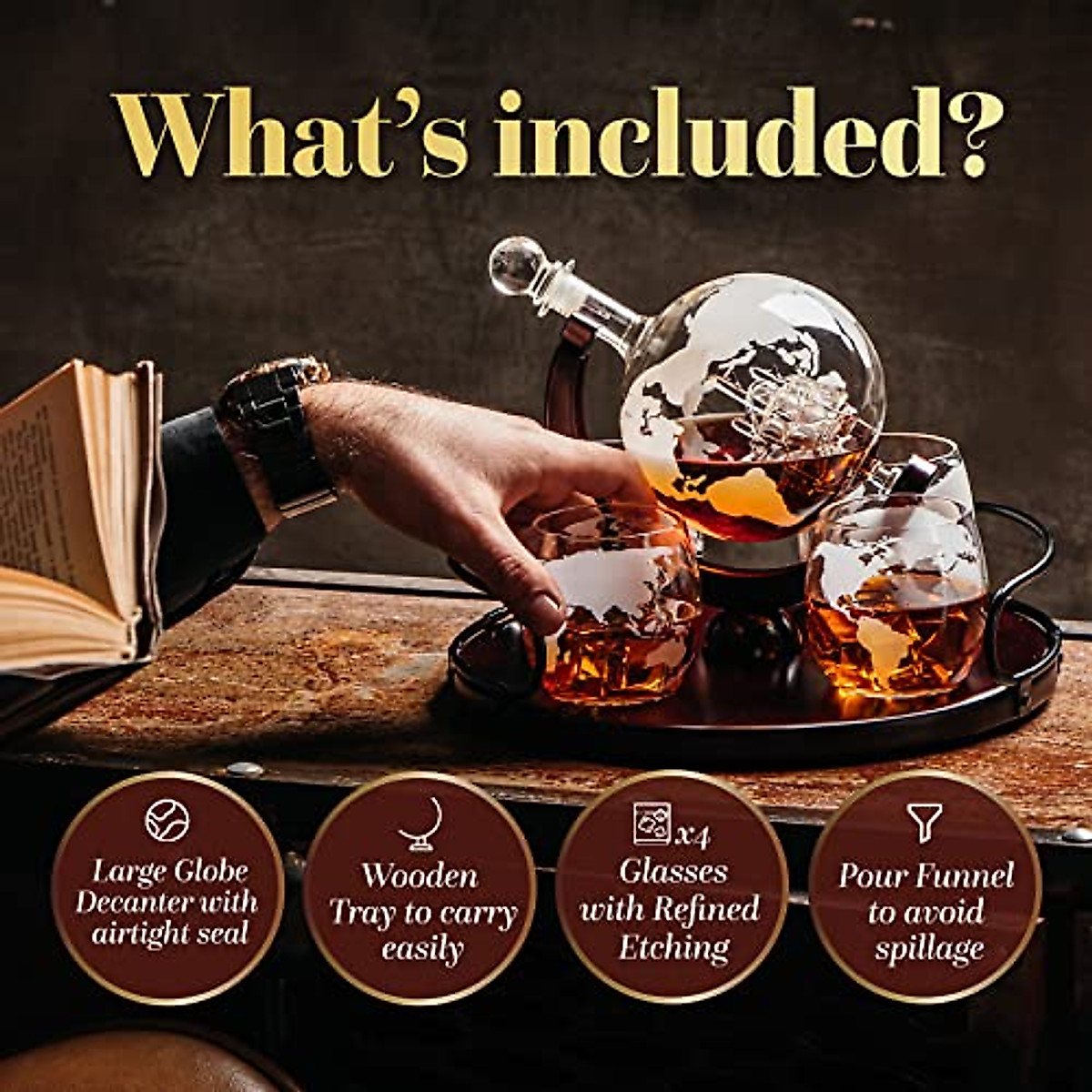 Kemstood Globe Whiskey Decanter Set - Etched World Design with Wooden Base & 4 Glass - Ideal for Dignified Drinking, Home Decor - Unique Whiskey Gifts for Men, Father - 850ml Capacity for Long Storage