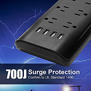 WANDOFO 2 Prong Power Strip, 6 FT Extension Cord 700J Surge Protector, 10 AC Outlets and 4 USB, 13A/1625W, Polarized Two to Three Prong Outlet Plug Adapter, Wall Mount, for Non-Grounded Socket, Black