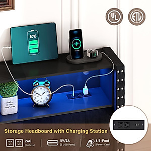 King Size Bed Frame with 59.4'' Tall Storage Headboard, Velvet Upholstered Platform Bed Frame King with Deep Button Tufted, LED Bed Frame with Charging Station, Pockets, No Box Spring Needed, Black