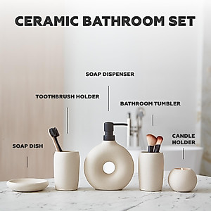Terramoza Ceramic Bathroom Accessory Set, 5 Pcs - Includes Soap Dispenser, Toothbrush Cup, Toothbrush Holder, Soap Dish & Candle Holder - Beige, Matte Glaze - Aesthetic Bathroom Decor