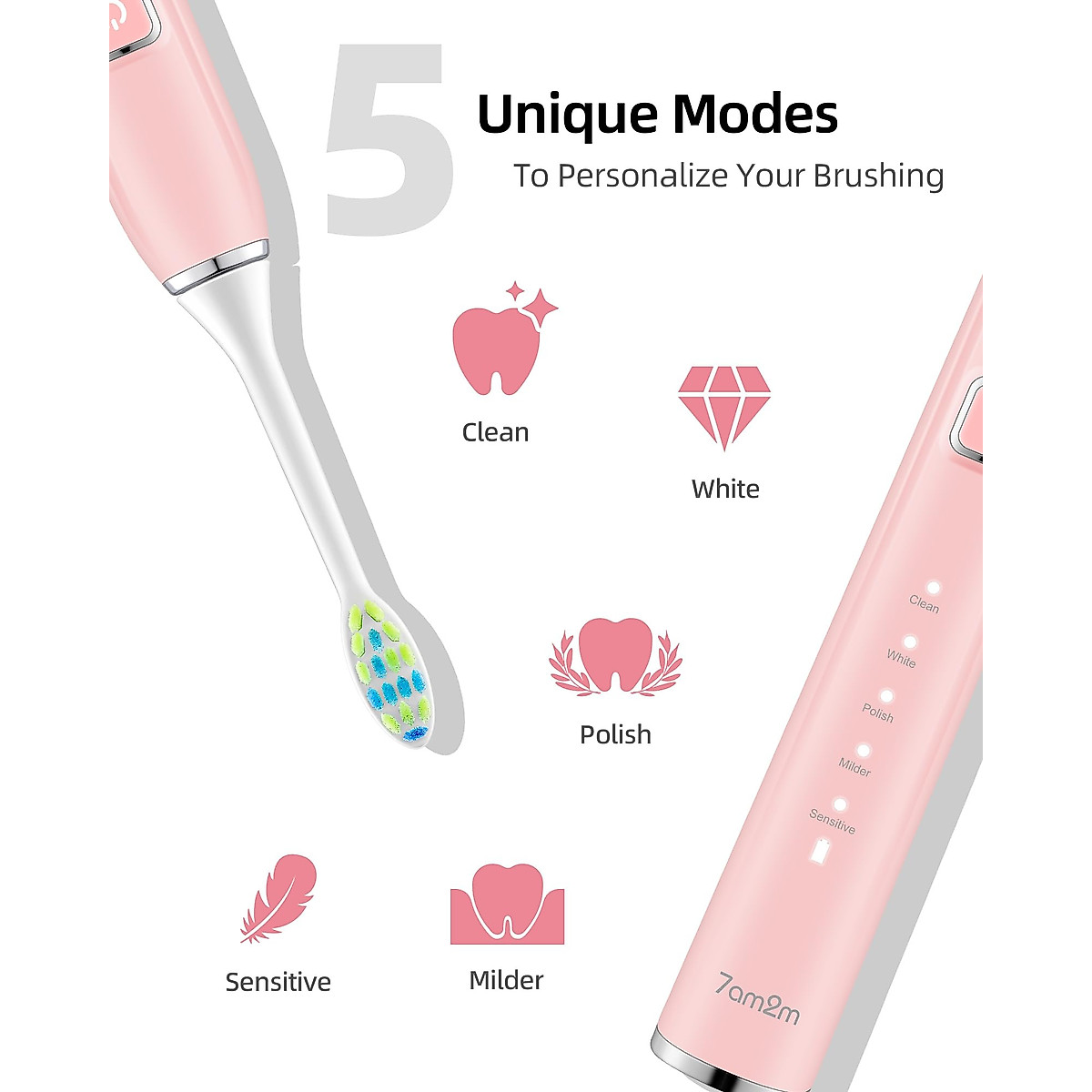 7AM2M Rechargeable Sonic Electric Toothbrush AM100 Package with 10 Brush Heads