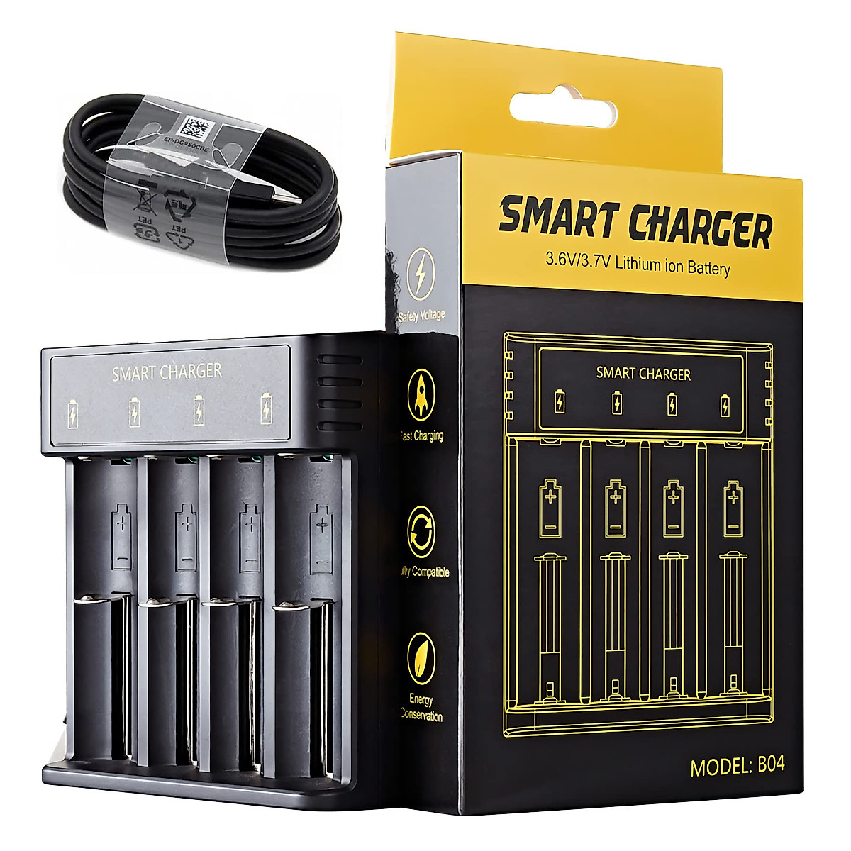 18650 Battery Charger 4 Bay Smart Universal Charger for 3.7V Rechargeable Batteries Li-ion Batteries 18650 26650 14500 16340(CR123) 21700 18490 18350 Batteries (Not Battery)