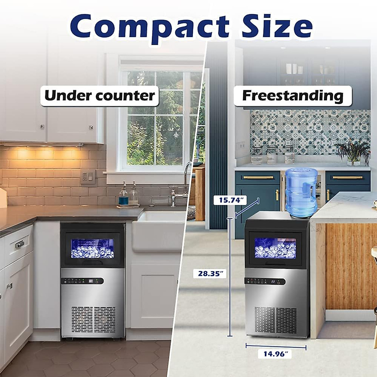 Kikihuose Commercial Ice Maker Machine, 100Lbs/24H Ice Production Under Counter Ice Maker, Tap Water & Top Loading Freestanding Ice Machine, 45 Ice Cubes/Cycle, Include Ice Scoop, Connection Hose