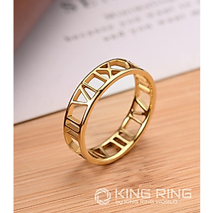 King Ring 6mm Roman Numeral Ring – Stainless Steel Delicate & Durable Ring Jewelry – Hollow Out Finger Ring – Unique Design & Elegant Outlook – Gold 8