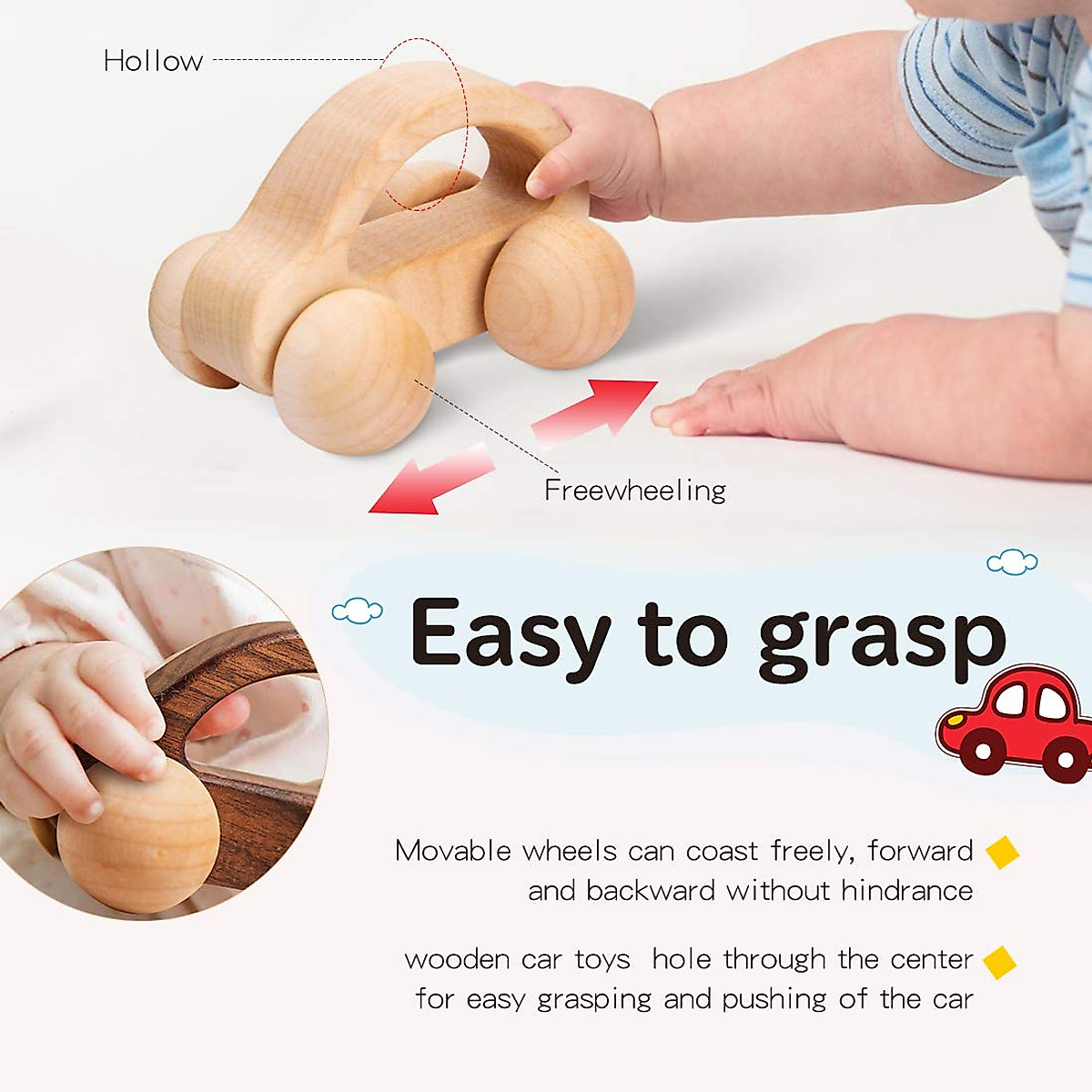 let's make Organic Baby Push Car Wooden Toys 2pc Wood Car and Fine Movement Development and Infant Grasping Montessori Toys