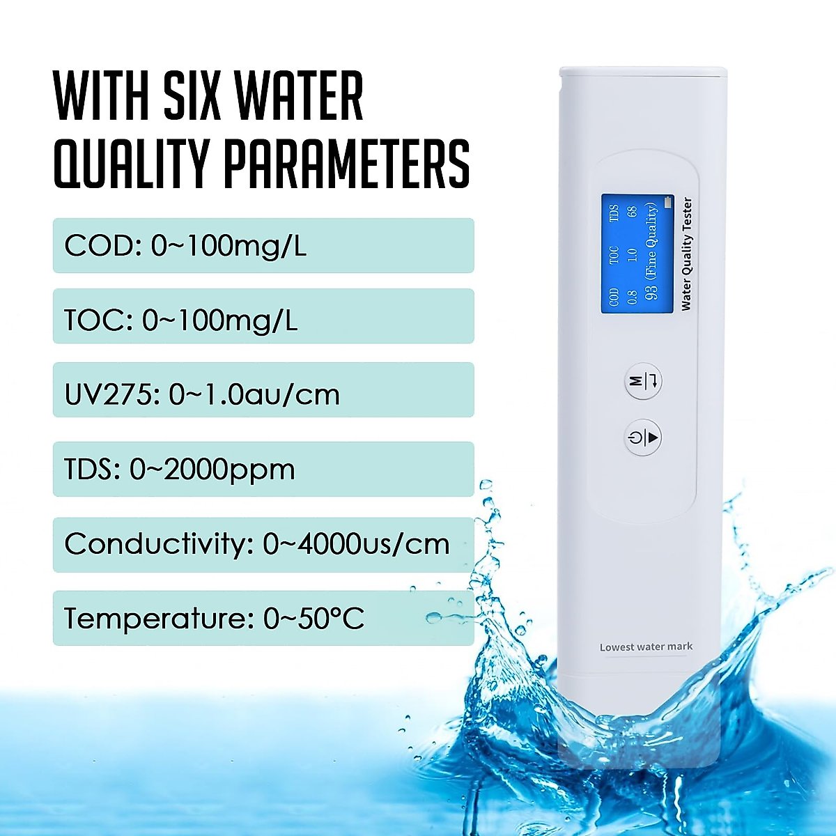 6-in-1 Water Quality Tester - TOC UV275 EC TDS COD Temperature Meter Drinking Water Quality Meter with Intelligent Scoring with ATC for Drinking Water, Well, Tap, Purified, Groundwater, Lab