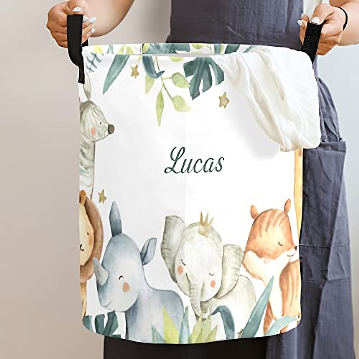 Safari Lion Elephant Fox Personalized Laundry Basket Clothes Hamper Storage Handle Waterproof, Custom Collapsible Capacity for Laundry Room Bathroom Toy Decor