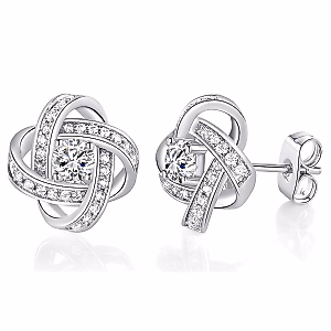 MDFUN Love Knot Earrings 18K White Gold Plated Flower Stud Earrings for Women Cubic Zirconia Earrings
