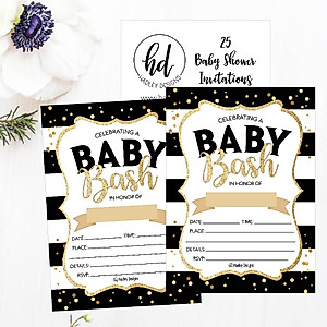 Hadley Designs - Black Gold Bash Baby Shower Invitations, Printable Shabby Chic Unique Custom Vintage Coed Twin Sprinkle Party Card Stock Paper Supplies - 25 Set
