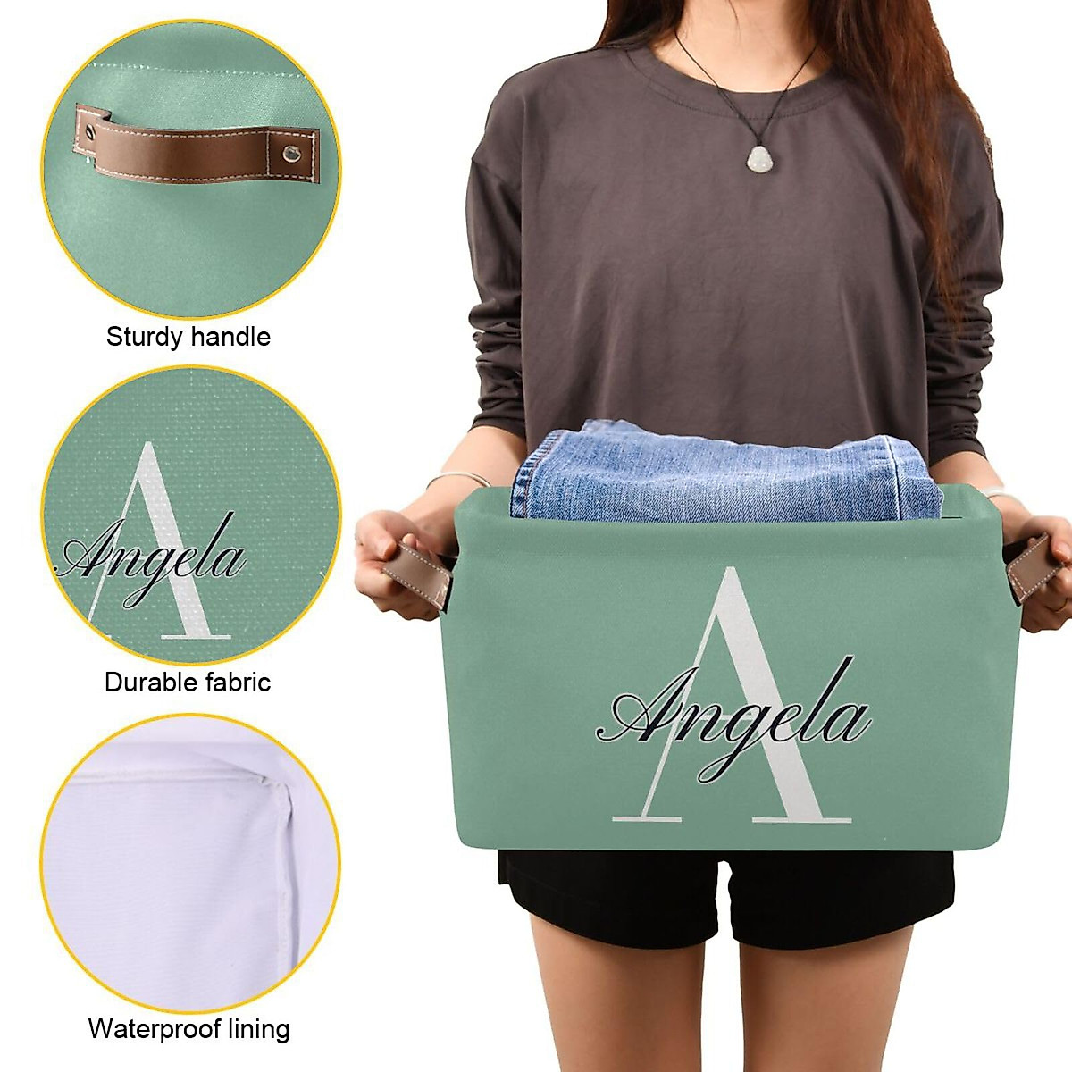 Sage Green Customized Storage Basket Collapsible Storage Bins Cubes Box Fabric Clothes Hamper Gift Baskets Toy Chest for Shelves Office Home Nursery Shoes with Leather Handles