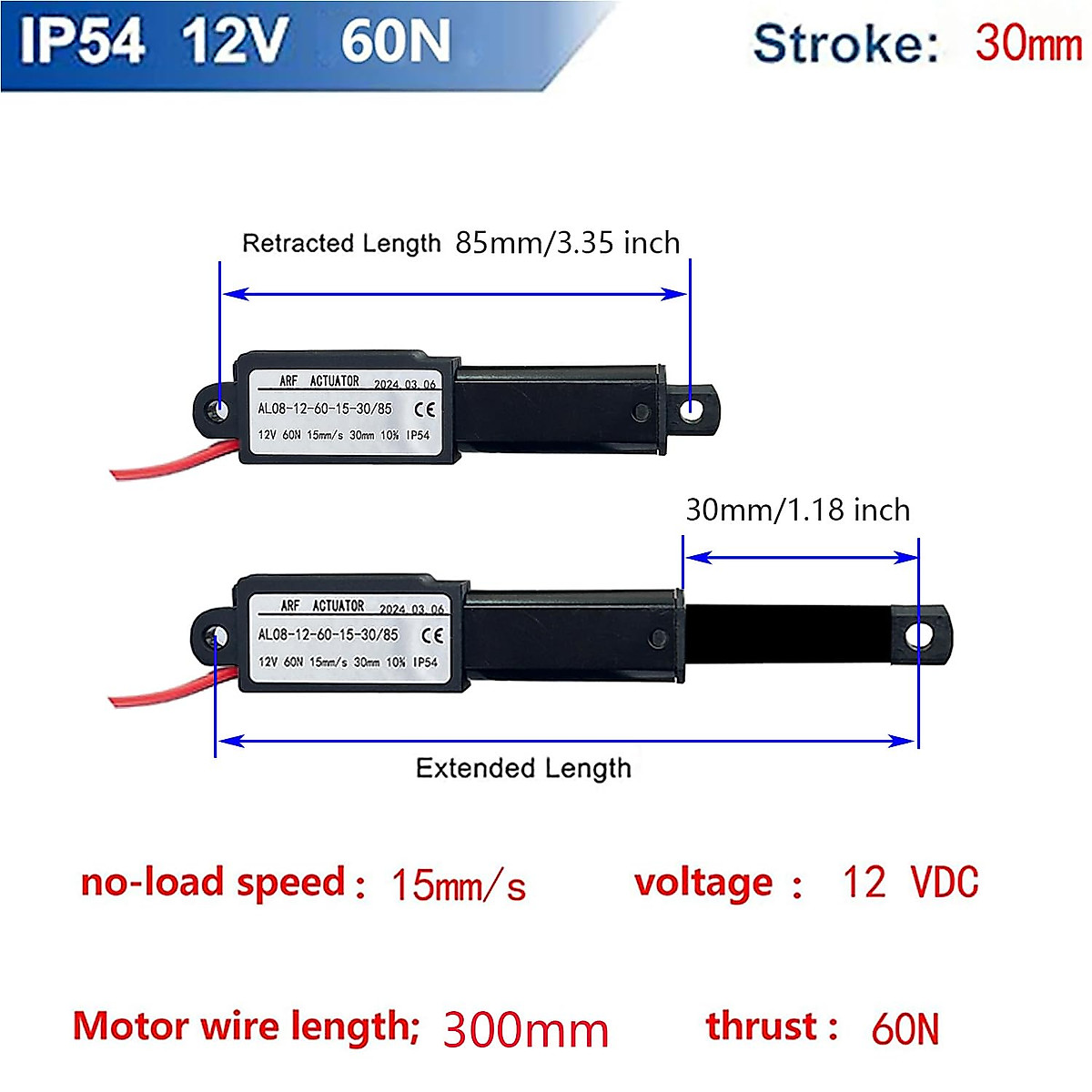 URANT Mini 12V 1.2 "Stroke Electric Linear Actuator, 60N(13.4Lbs),Speed 15mm/s Linear Motion Actuator,Waterproof Linear Actuator with Waterproof Switch and Bracket,for Window Ppener,Robot (30mm)