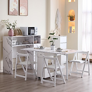 FUNROLUX Folding Dining Table and Sideboard Cabinet Set, Movable Kitchen Table and Buffet Cabinet with Storage Space for Dining Room, Living Room (White)